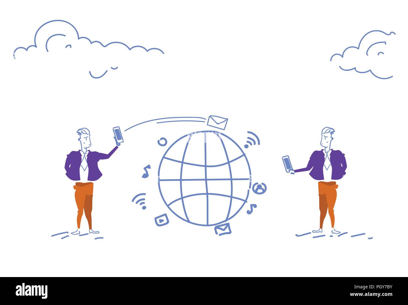two businessmen using smartphone global chat communication concept ...