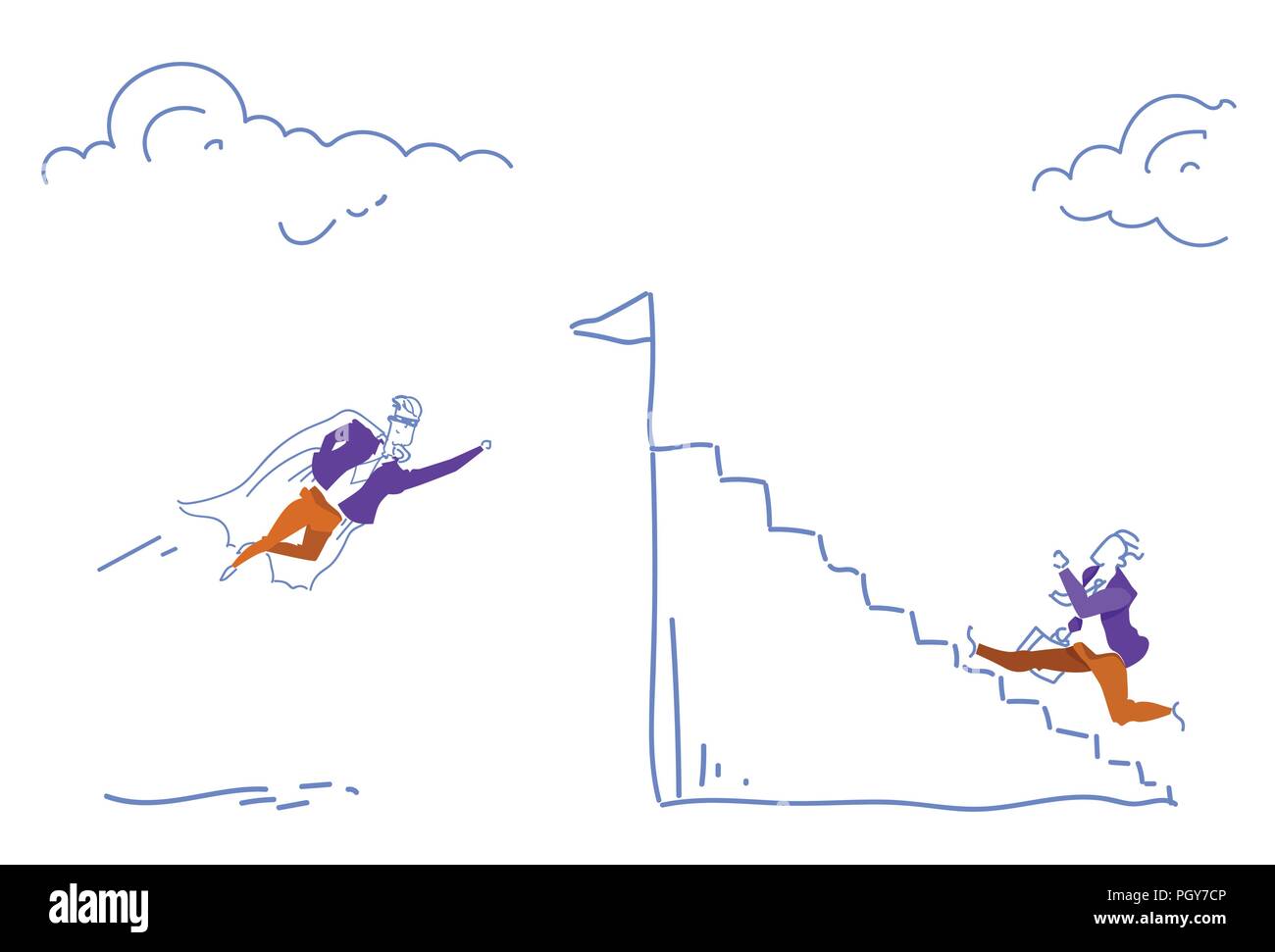 businessman dressed superhero cloak flying up ladder stairs podium flag ...