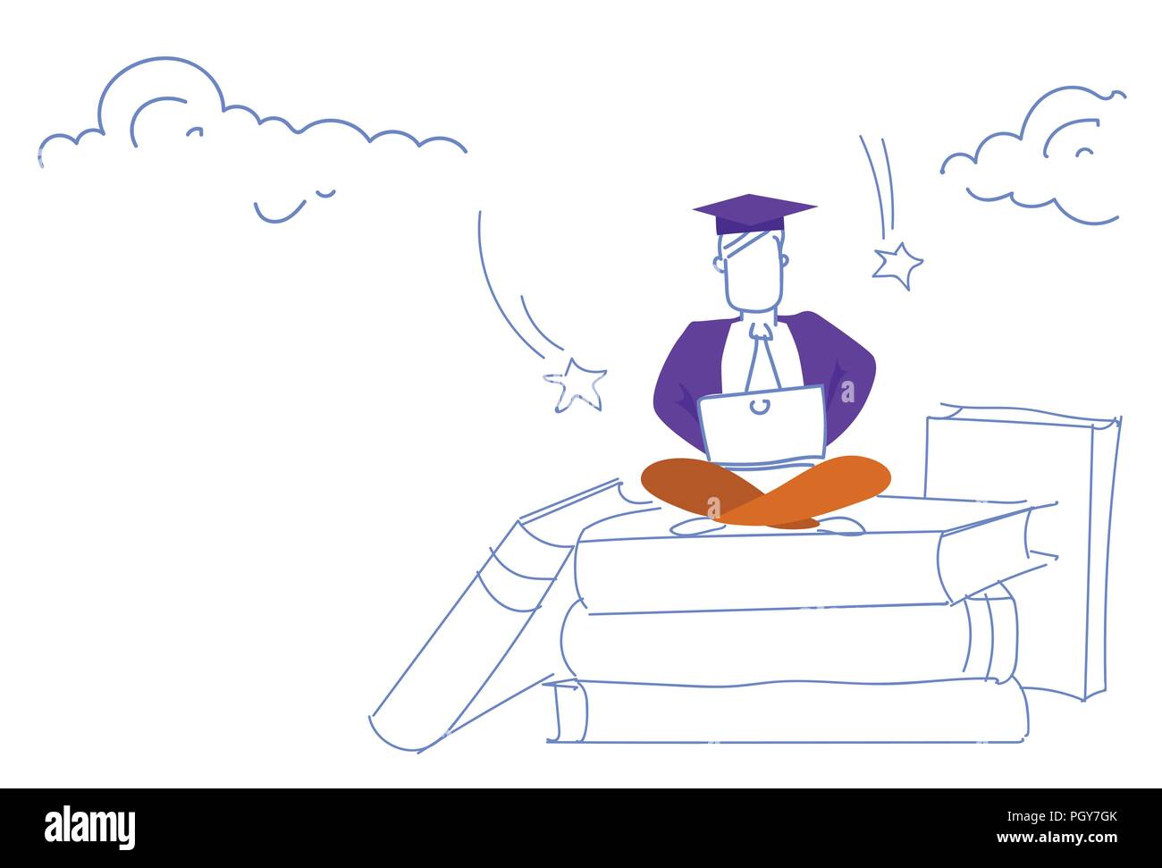 man sitting lotus pose book stack using laptop successful online ...