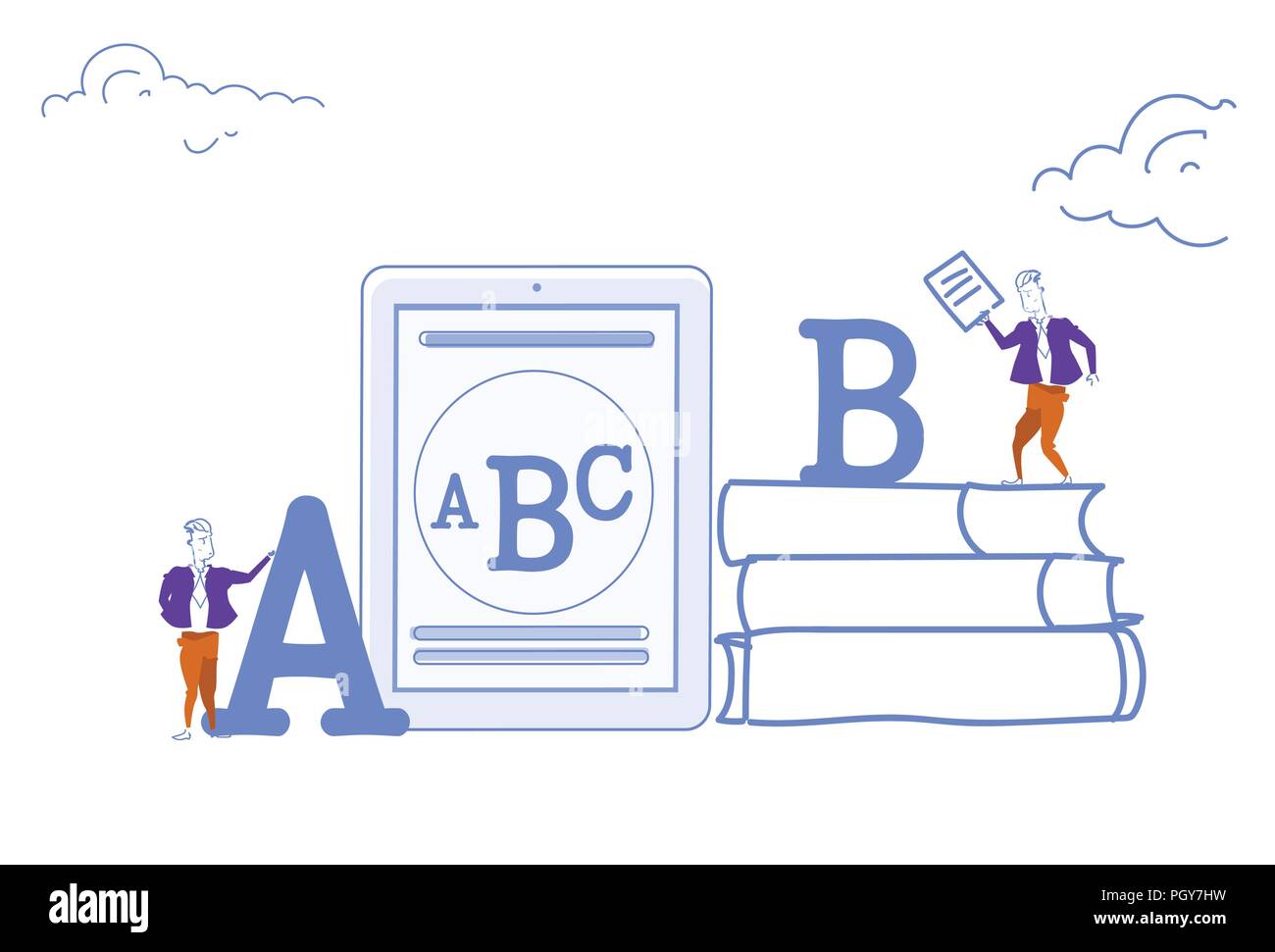 business people studying paper mobile app electronic books online ...