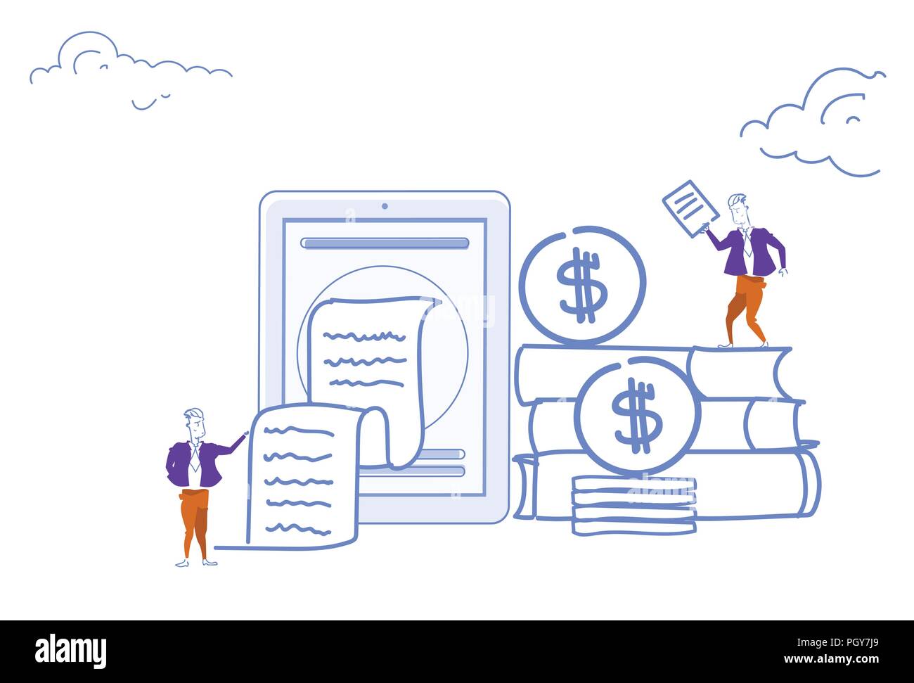 electronic bill online payment tablet screen check tape book stack ...