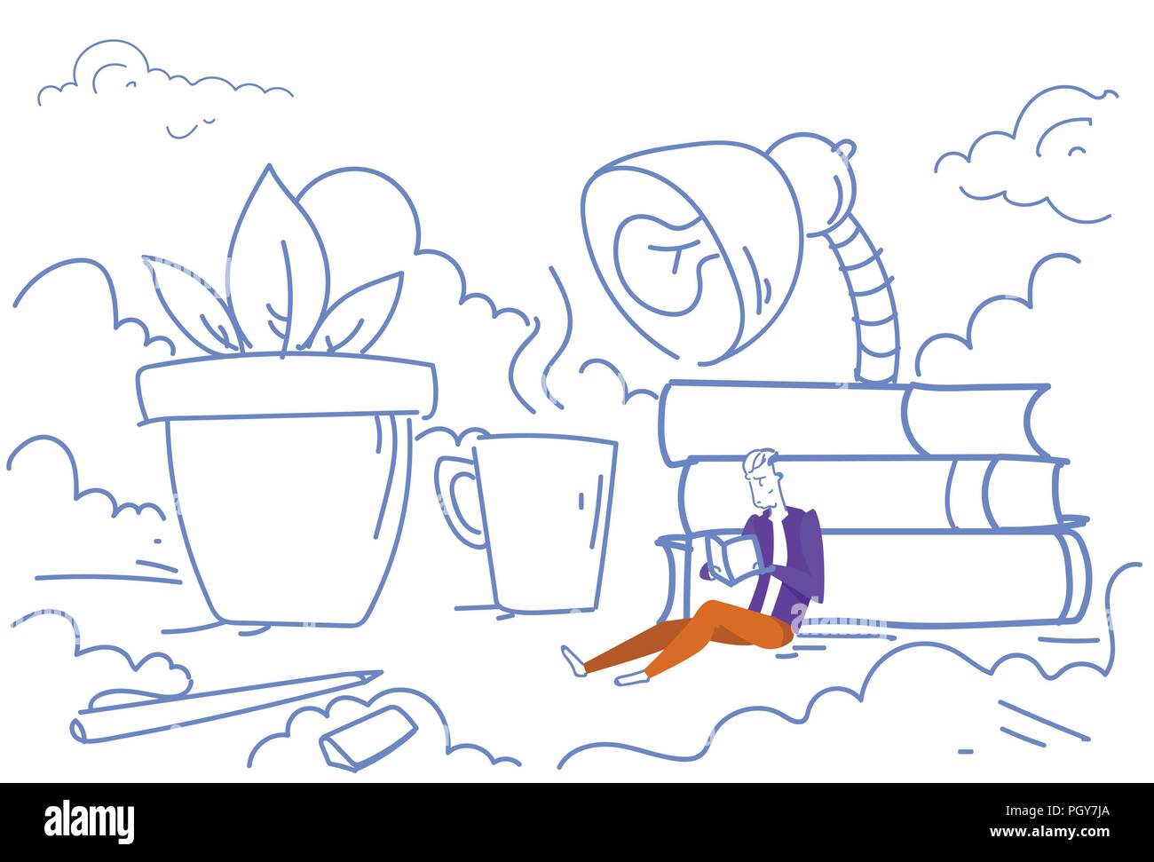 business man sitting workplace office desktop reading book successful ...