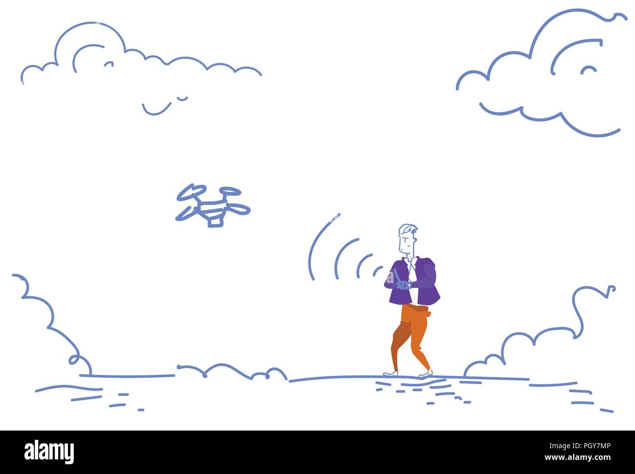 Man hold remote control launching drone flying air quadrocopter sketch ...