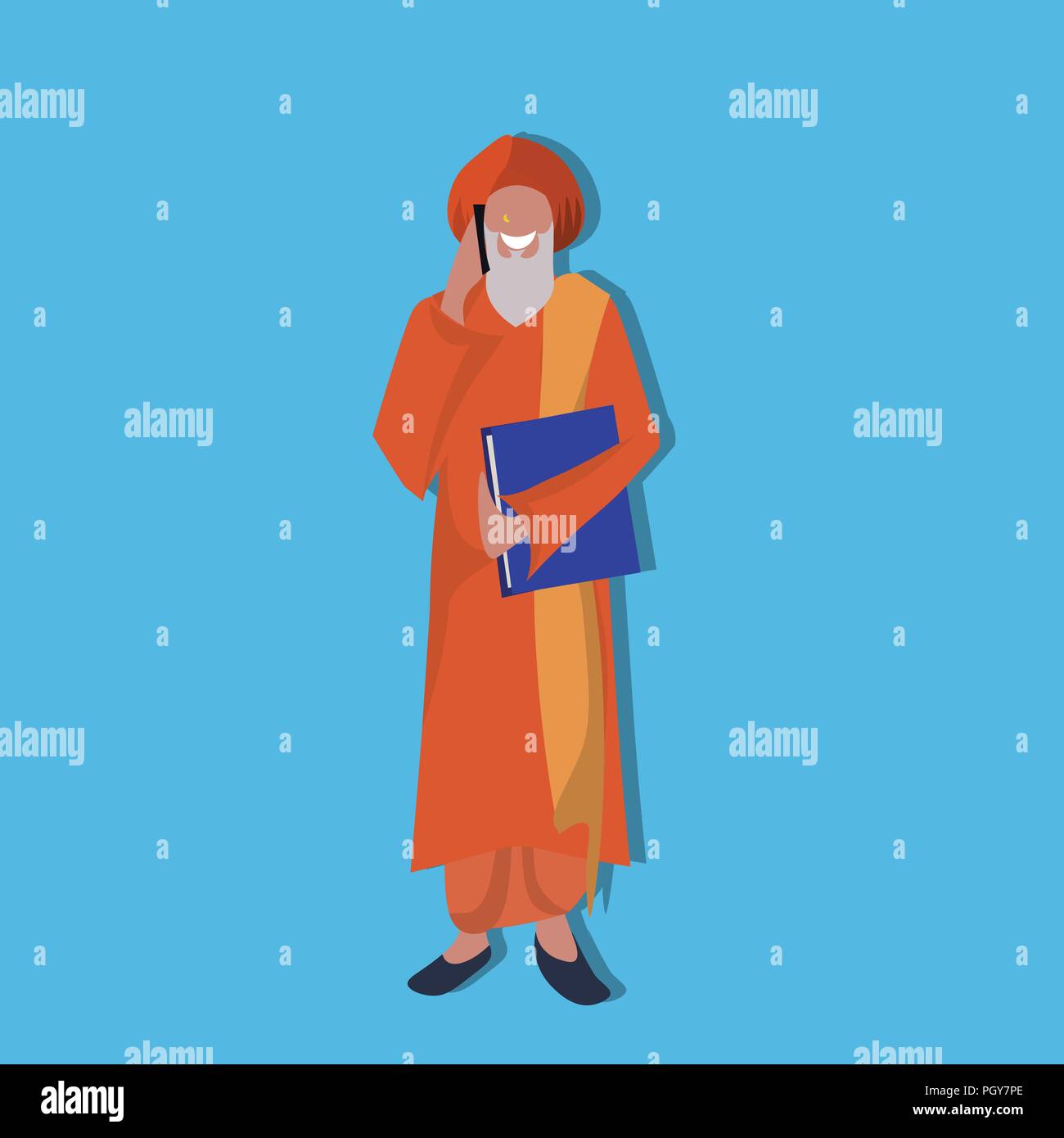 old indian man holding book phone calling national traditional clothes ...