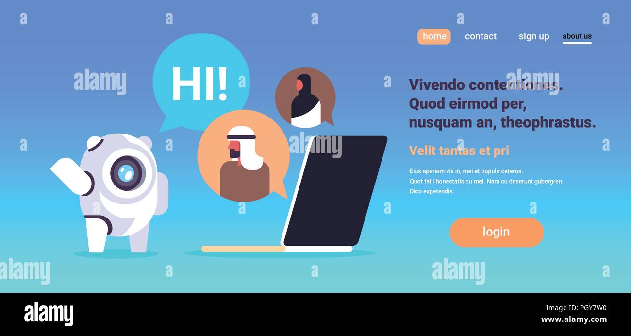 Chat bot using laptop computer speech bubble arab man woman communication modern robot virtual ...