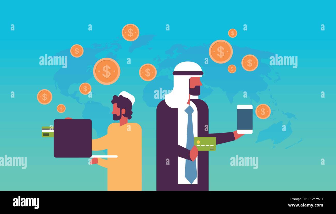 arabic business people money transfer e-payment application dollar coin ...