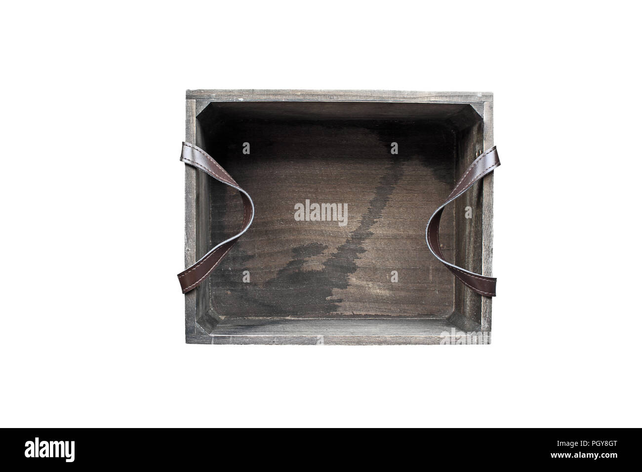 Old wooden box with leather straps isolated over white background with ...