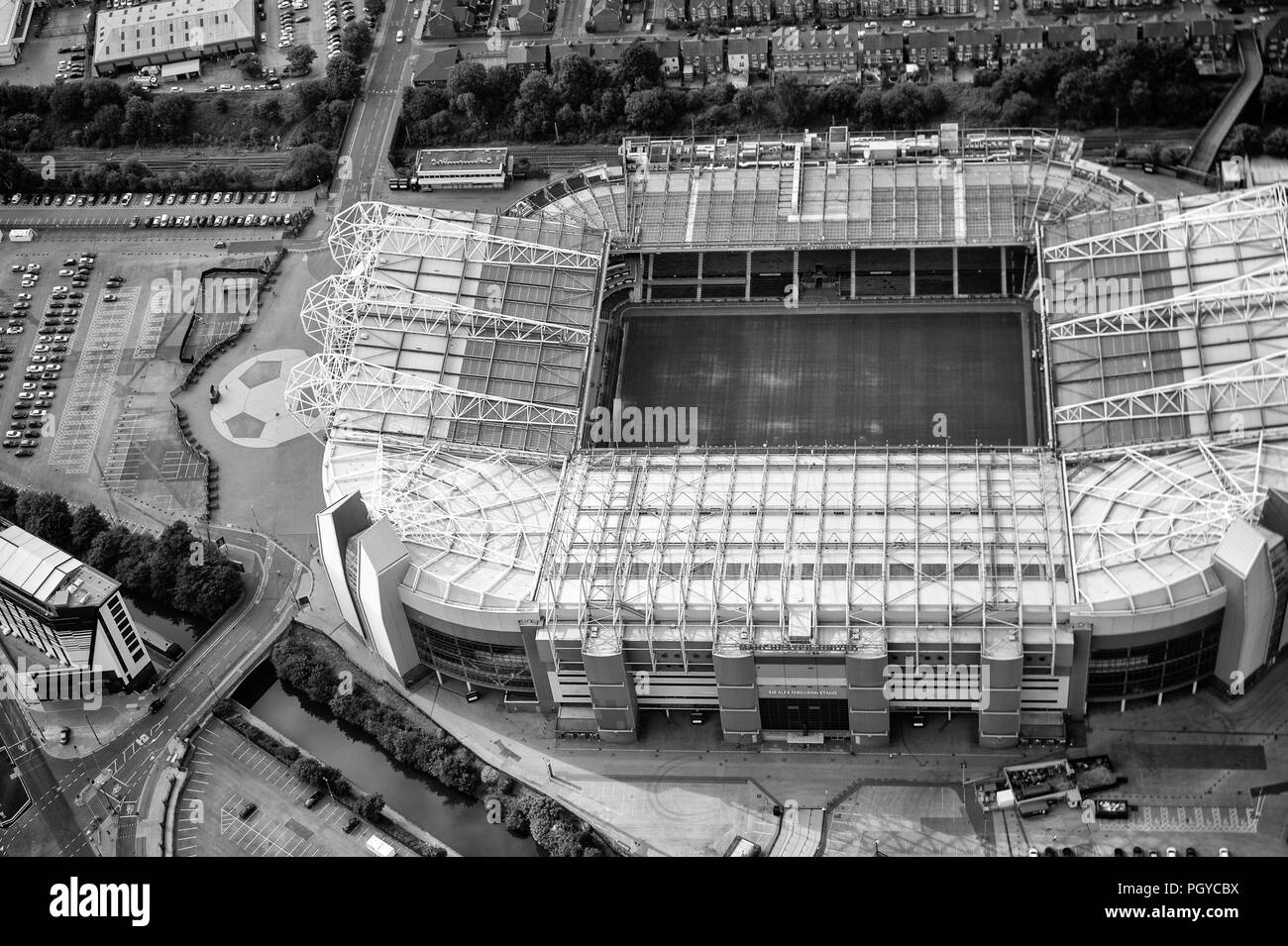 Black and white aerial photo of Manchester United`s Old Trafford ...