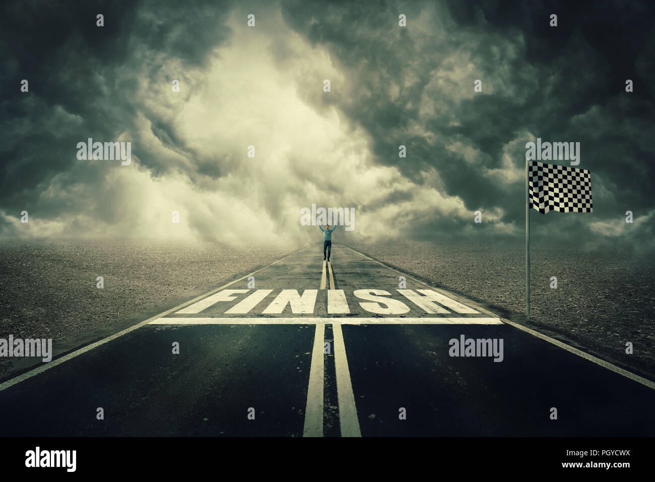 Surreal view as a competitive young businessman on the road crossing ...