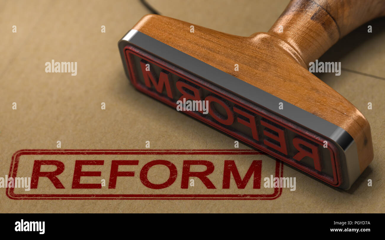3D illustration of a rubber stamp with the word reform stamped on kraft ...