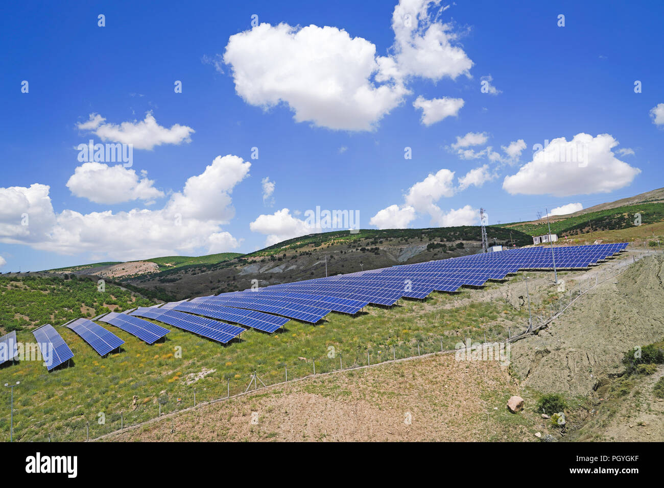 Solar park with blue cells on a green field, Sivas, Turkey Stock Photo ...