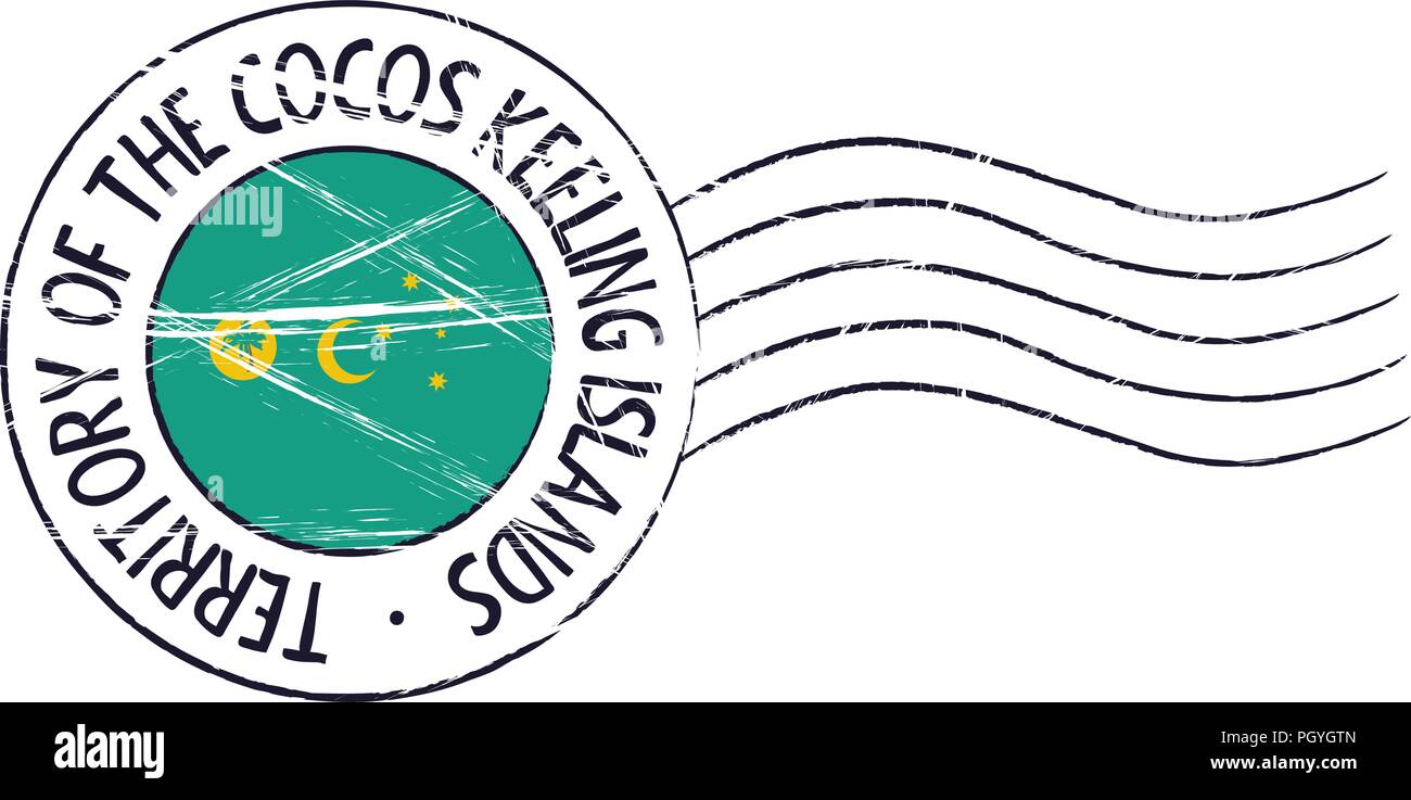 Cocos Islands grunge postal stamp and flag on white background Stock ...