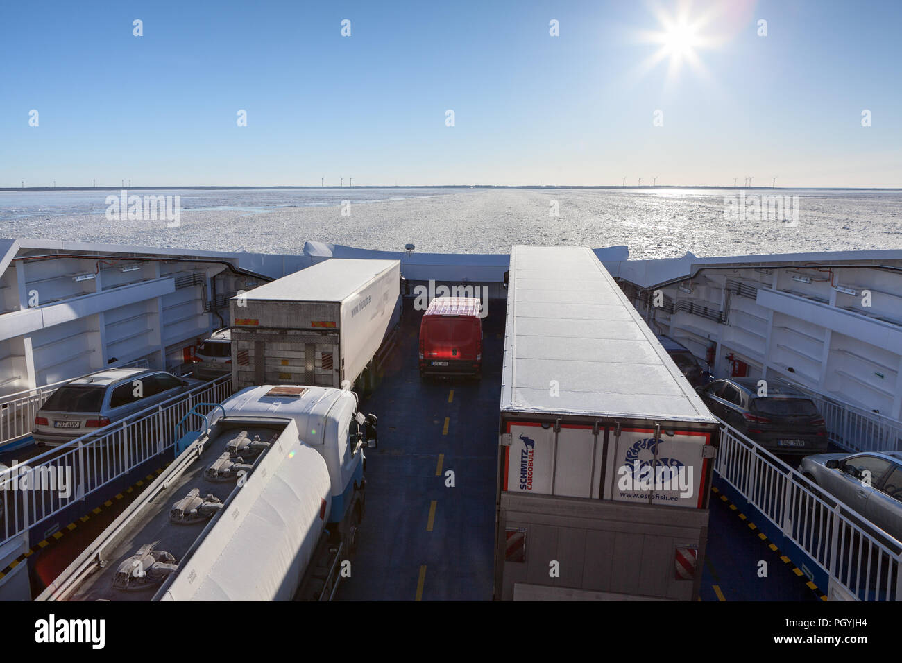 ESTONIA- CIRCA MAR, 2018: Freight cargo trucks are parked on ferry deck ...