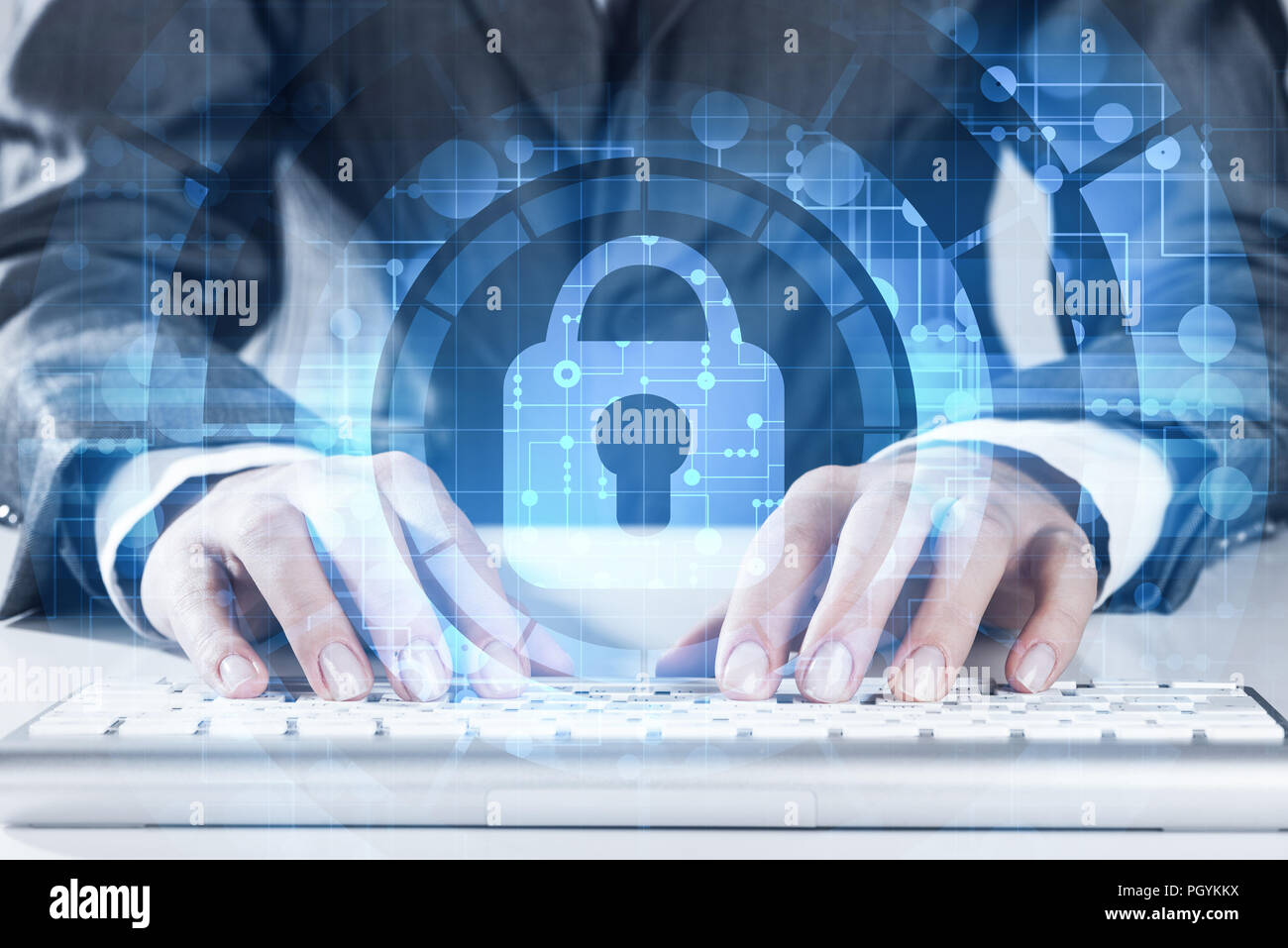 Close up of female hands using computer keyboard and lock icon on ...