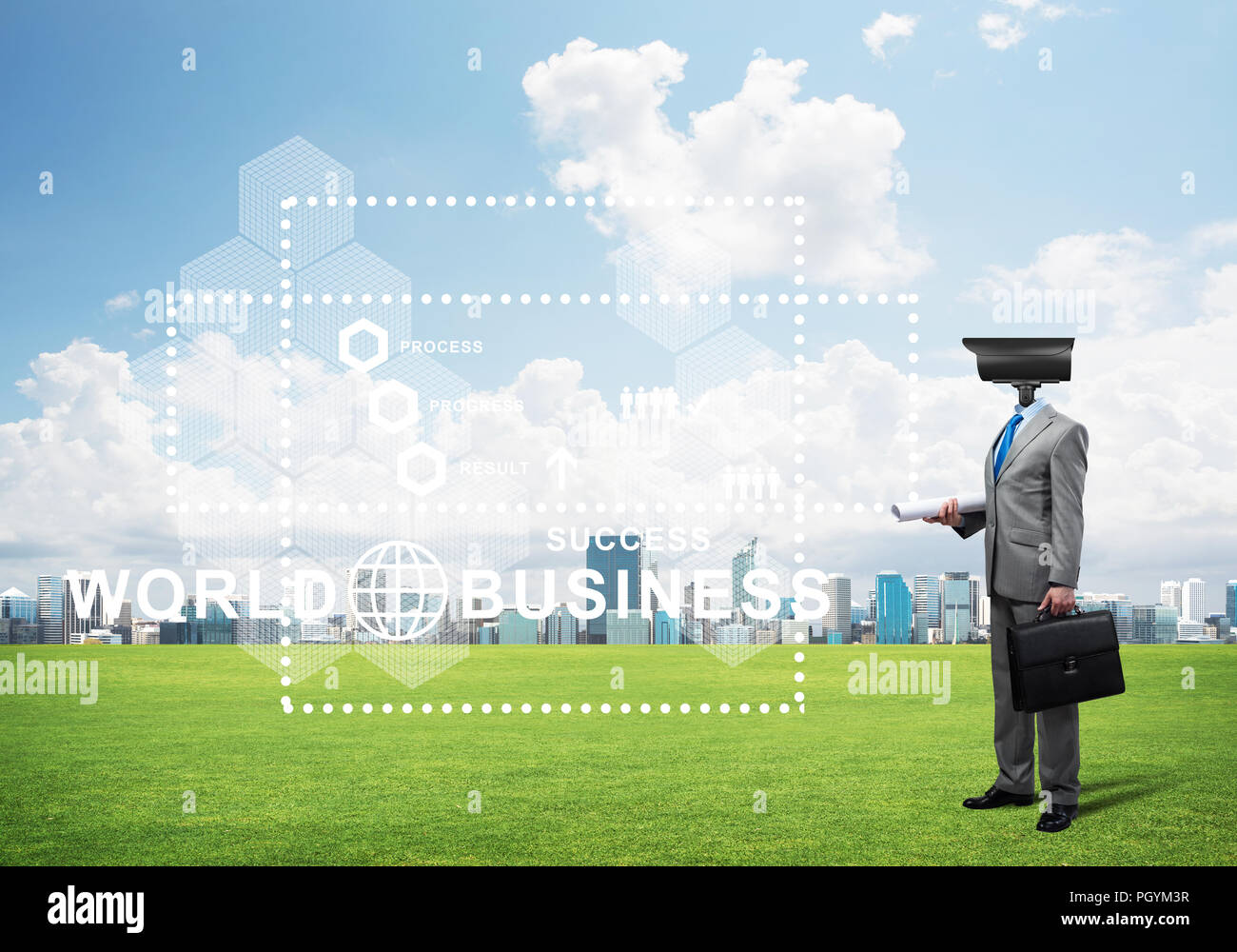 Elegant businessman outdoors with camera instead of head and media ...