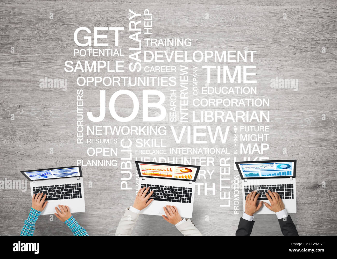 Group of three people with devices in hands working together as symbol ...