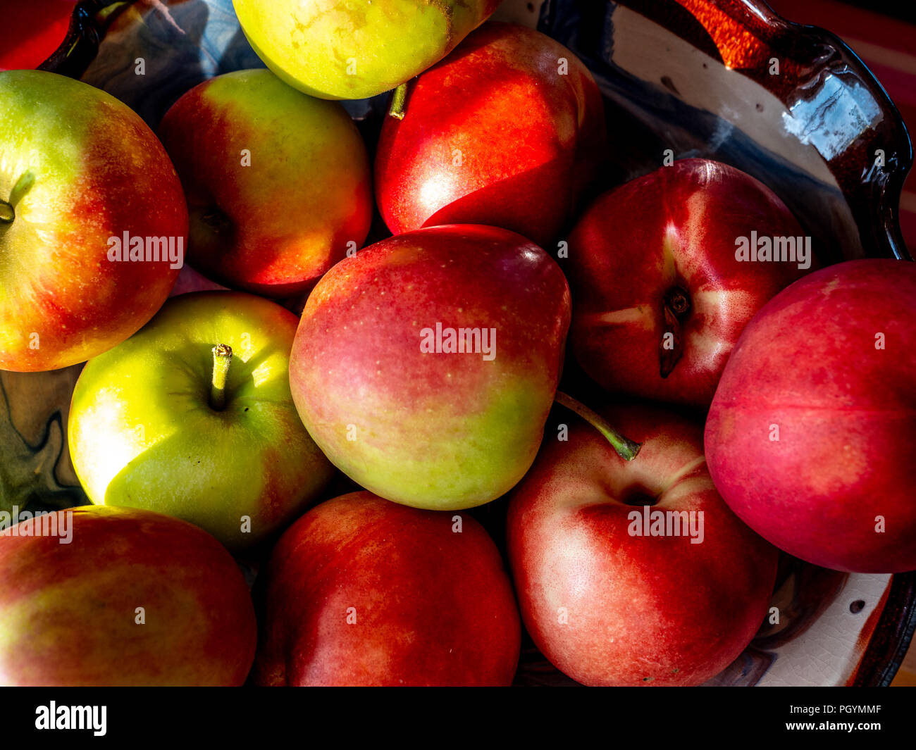 group of red fresh swiss apples in a bowl with sun shade on it Stock ...