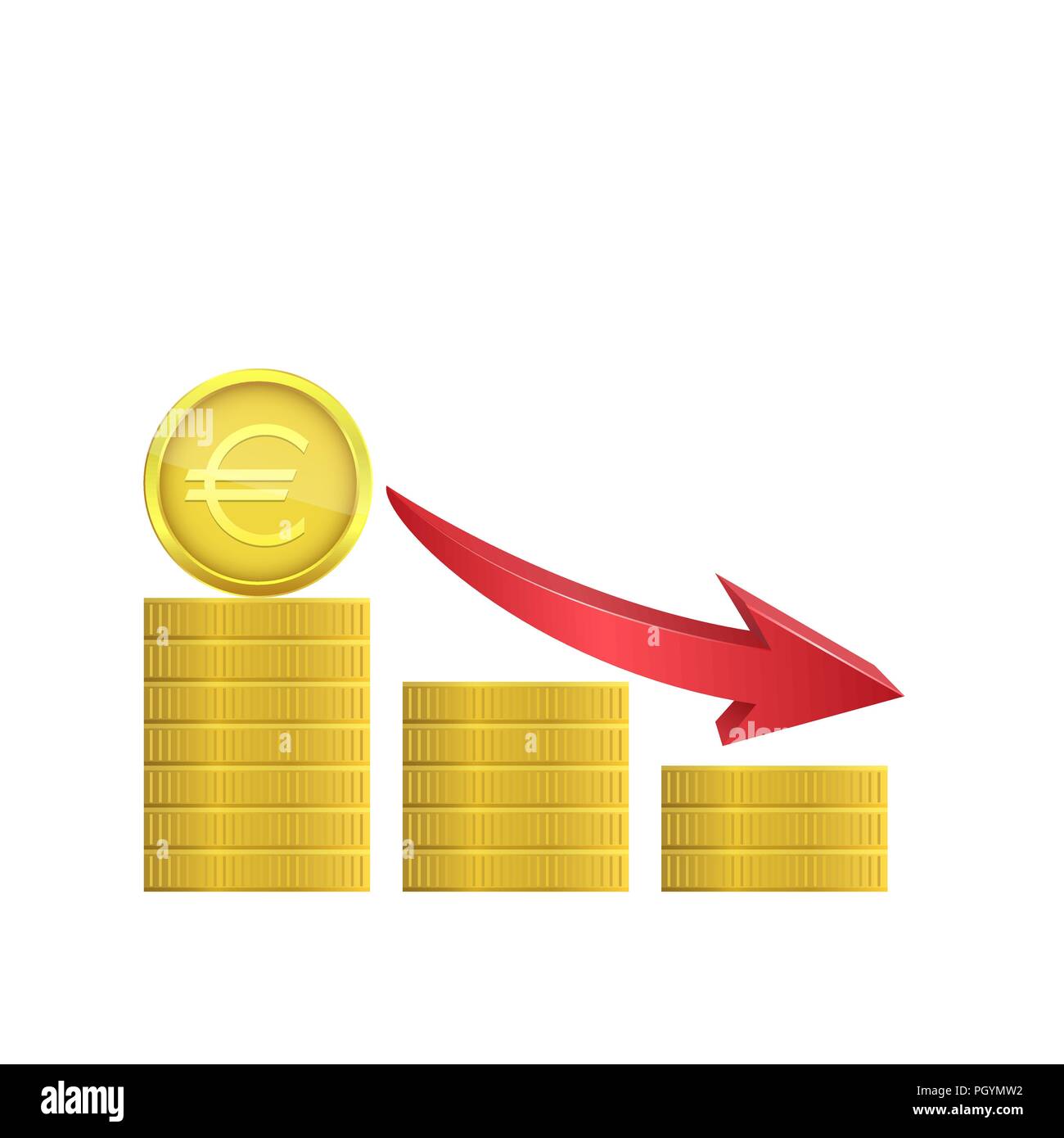 Golden Euro coins with red arrow. Euro Collapse concept vector ...