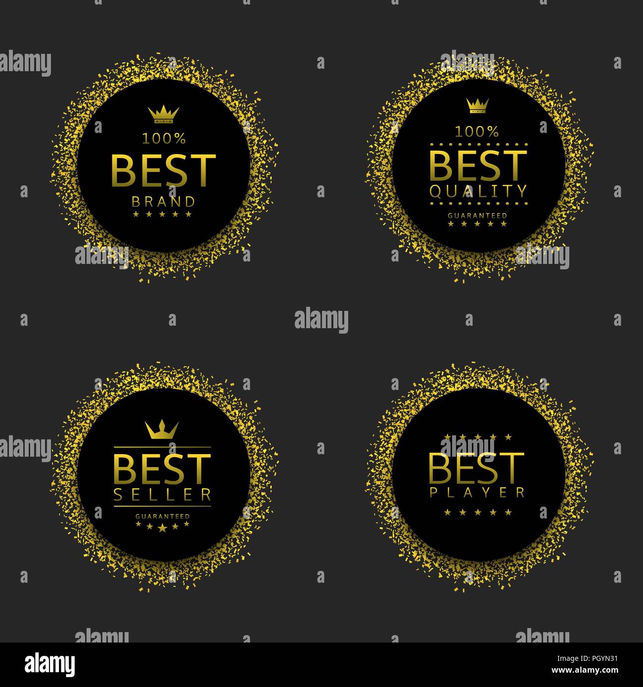 Black labels with golden confetti. Best quality, seller, player, brand ...