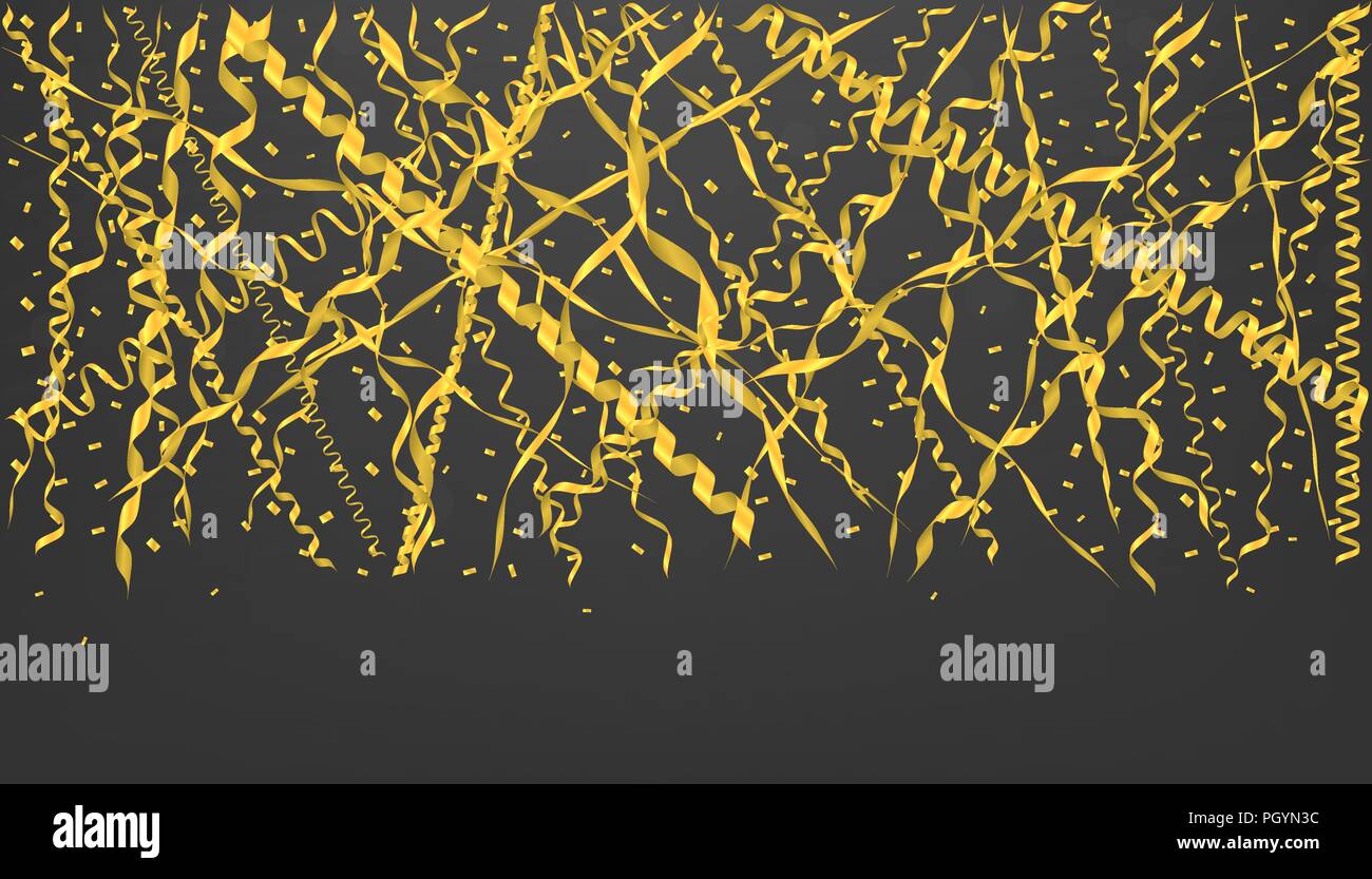 Golden flying confetti background. Festive ribbons holiday background ...