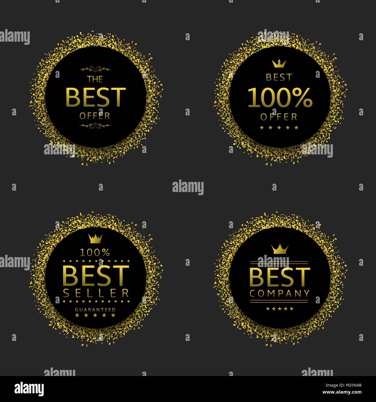 Black labels with golden confetti. Best company, offer, seller badge ...