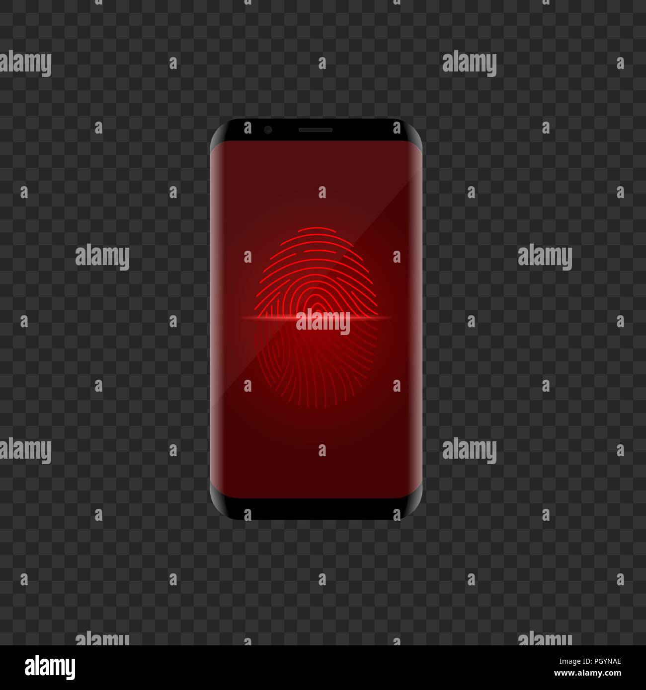 Red Fingerprint scan icon on the smartphone screen, security symbol ...