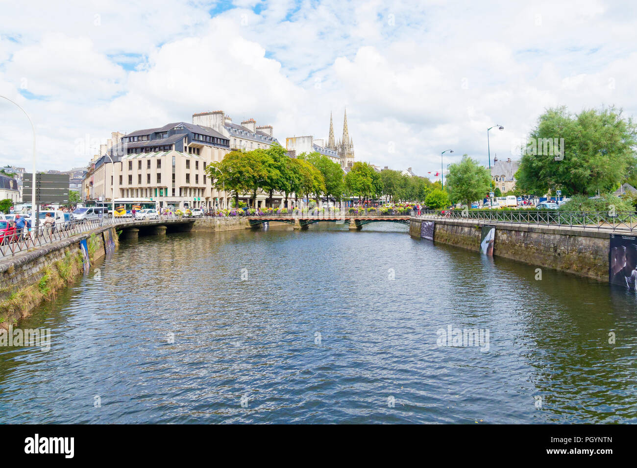 Quimper, France - August 8 2018: Looking down the Odet River as it ...