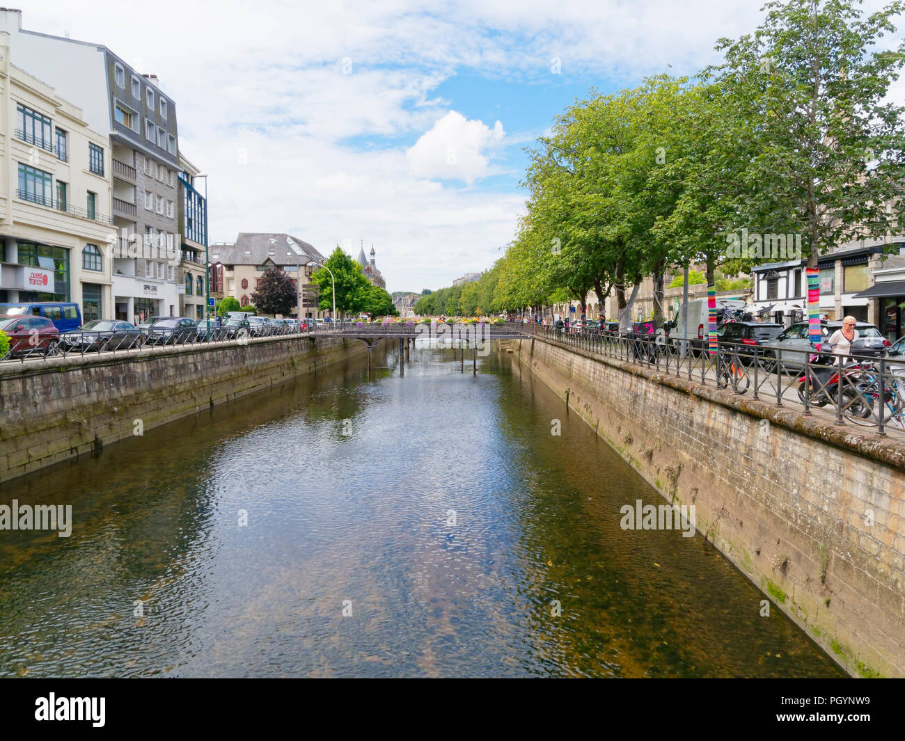 Quimper, France - August 8 2018: Looking down the Odet River flowing ...