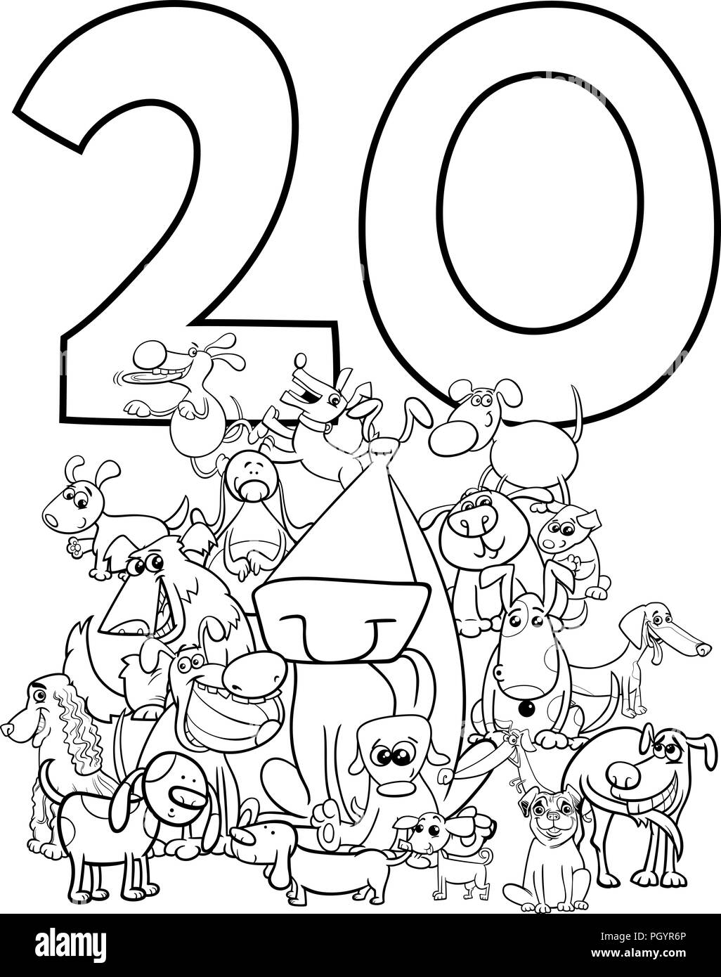 Black and White Cartoon Illustration of Number Twenty and Dogs Animal ...
