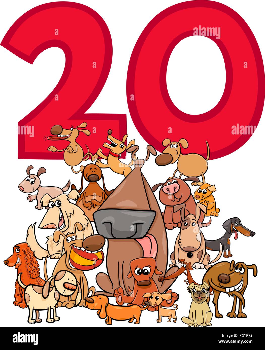 Cartoon Illustration of Number Twenty and Dogs Animal Characters Group ...