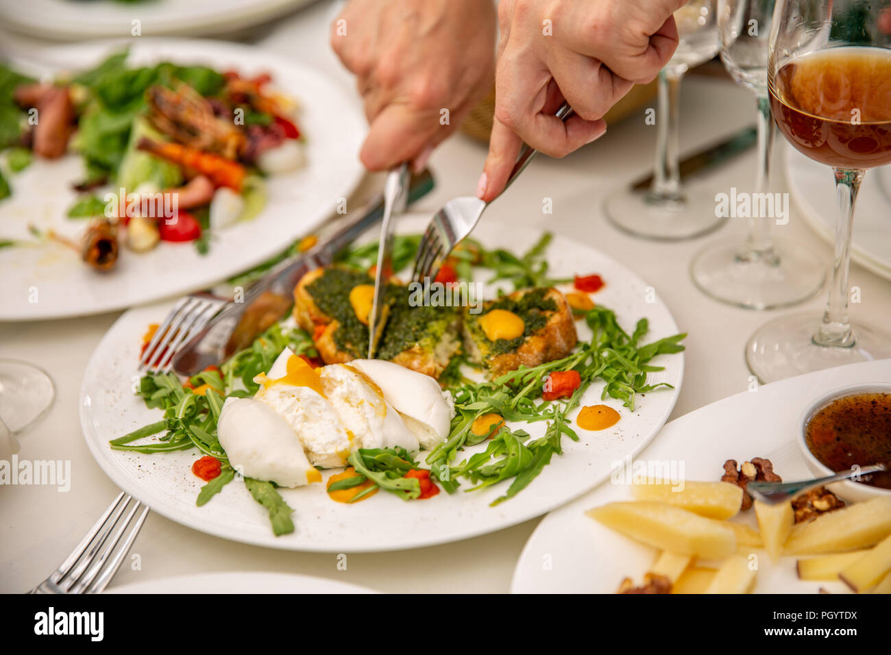 Party dinner table, celebrating with friends or family served at home ...