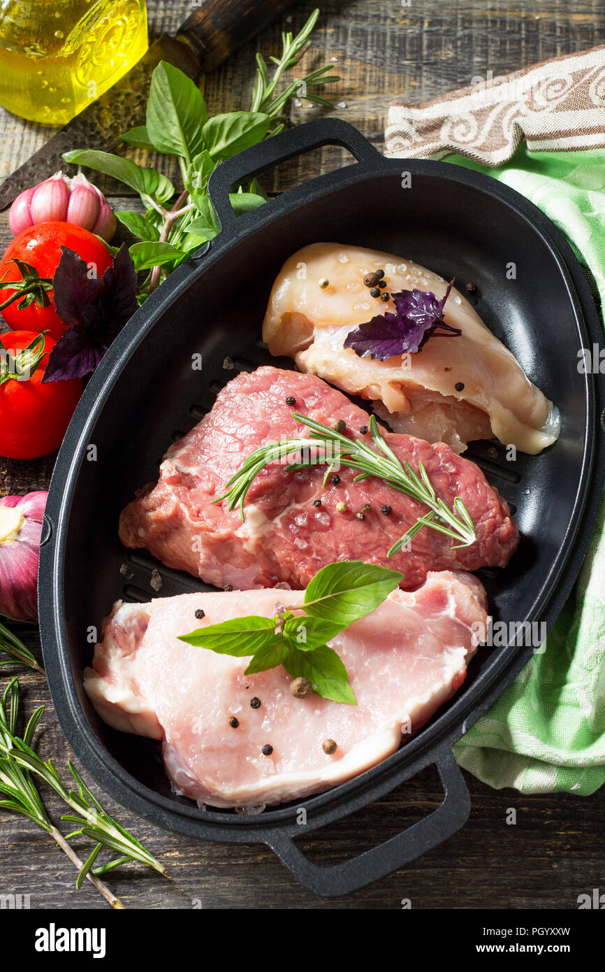 Fresh raw meat. Different types of raw pork meat, chicken fillet and ...