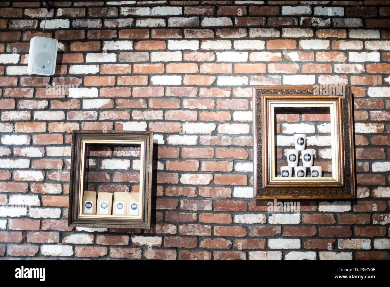 Picture of a brick wall in a coffee shop Stock Photo - Alamy