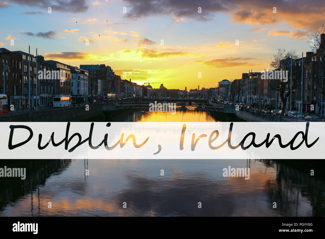Dublin night scene with Ha'penny bridge and Liffey river lights ...