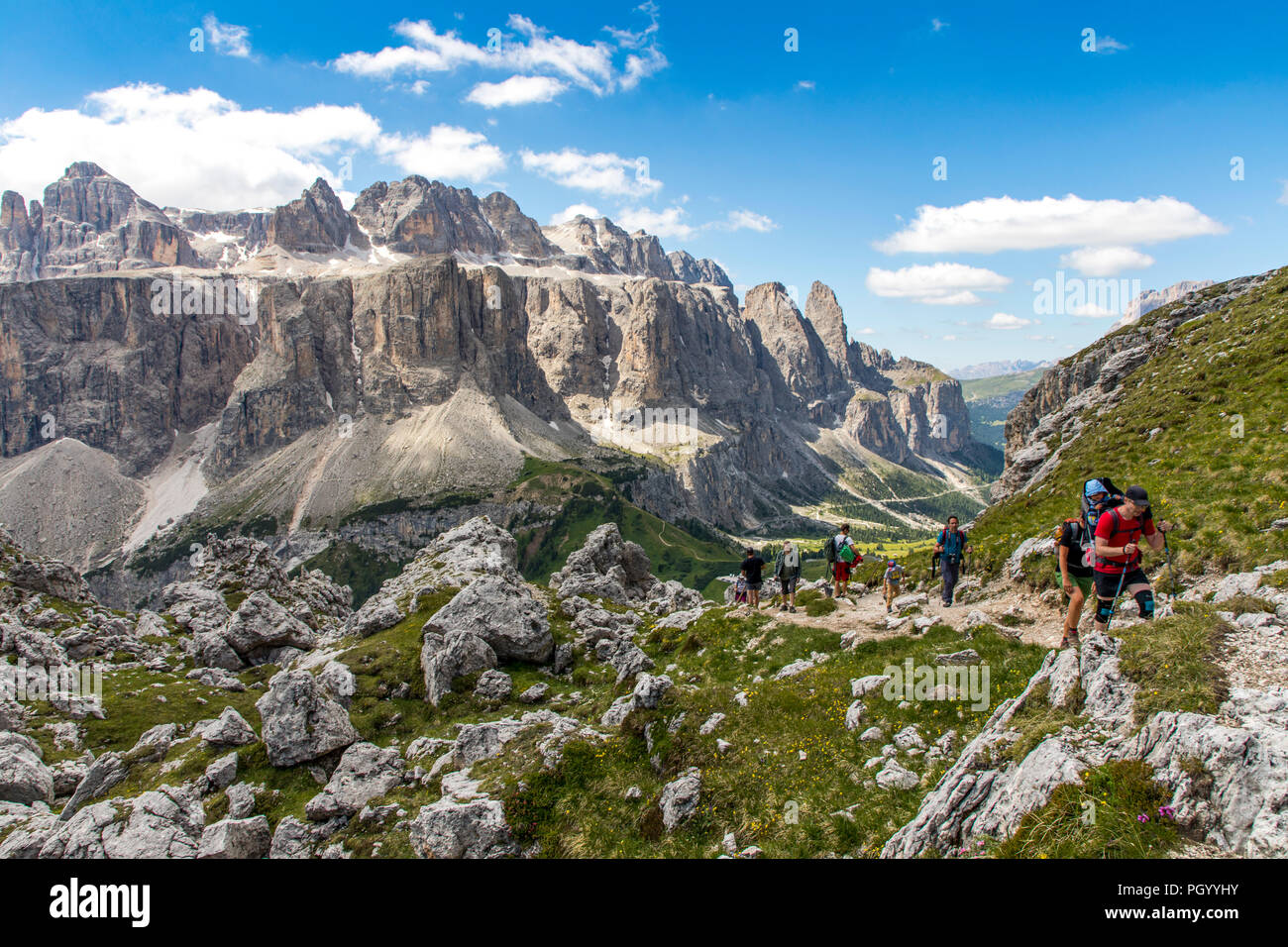 Mountain hiker in the Puez-Geisler Nature Park, Dolomites, South Tyrol ...