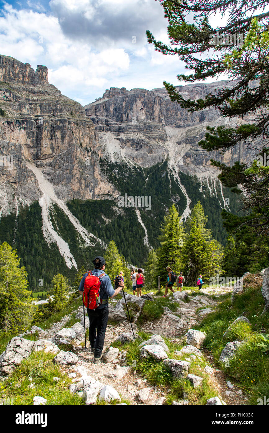 Mountain hiker in the Puez-Geisler Nature Park, Dolomites, South Tyrol ...