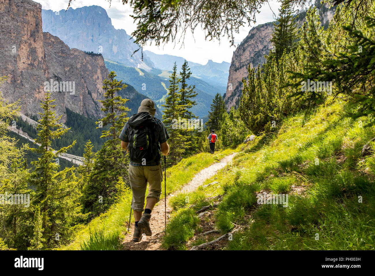 Mountain hiker in the Puez-Geisler Nature Park, Dolomites, South Tyrol ...
