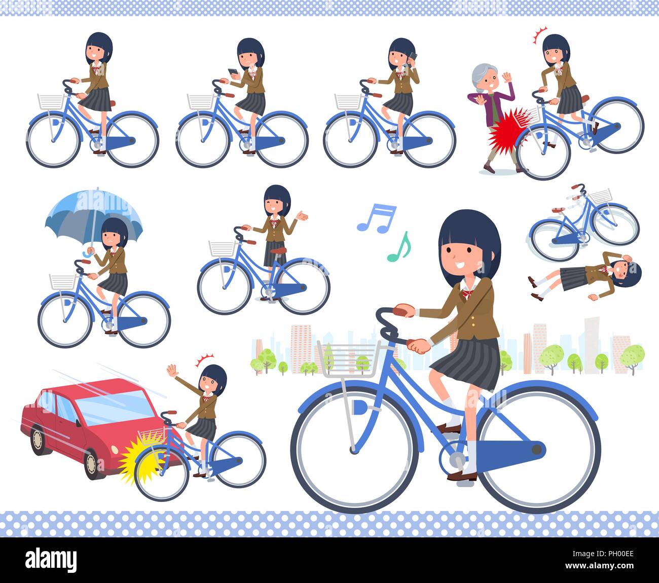 A set of school girl riding a city cycle.There are actions on manners ...