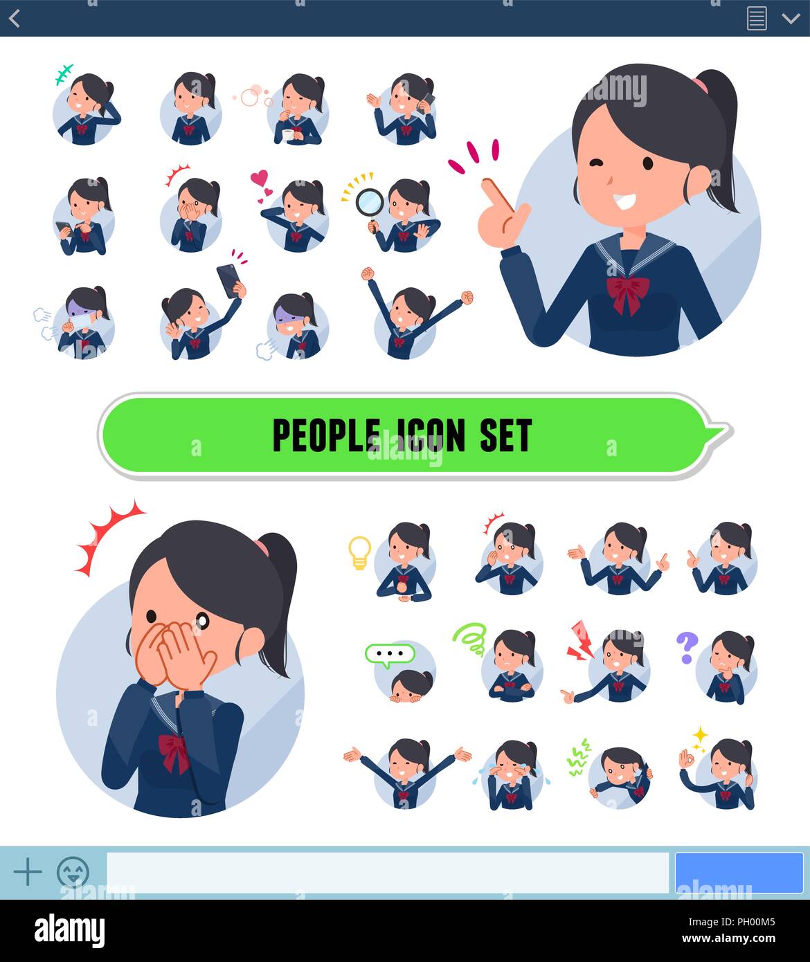 A set of school girl with expresses various emotions on the SNS screen ...