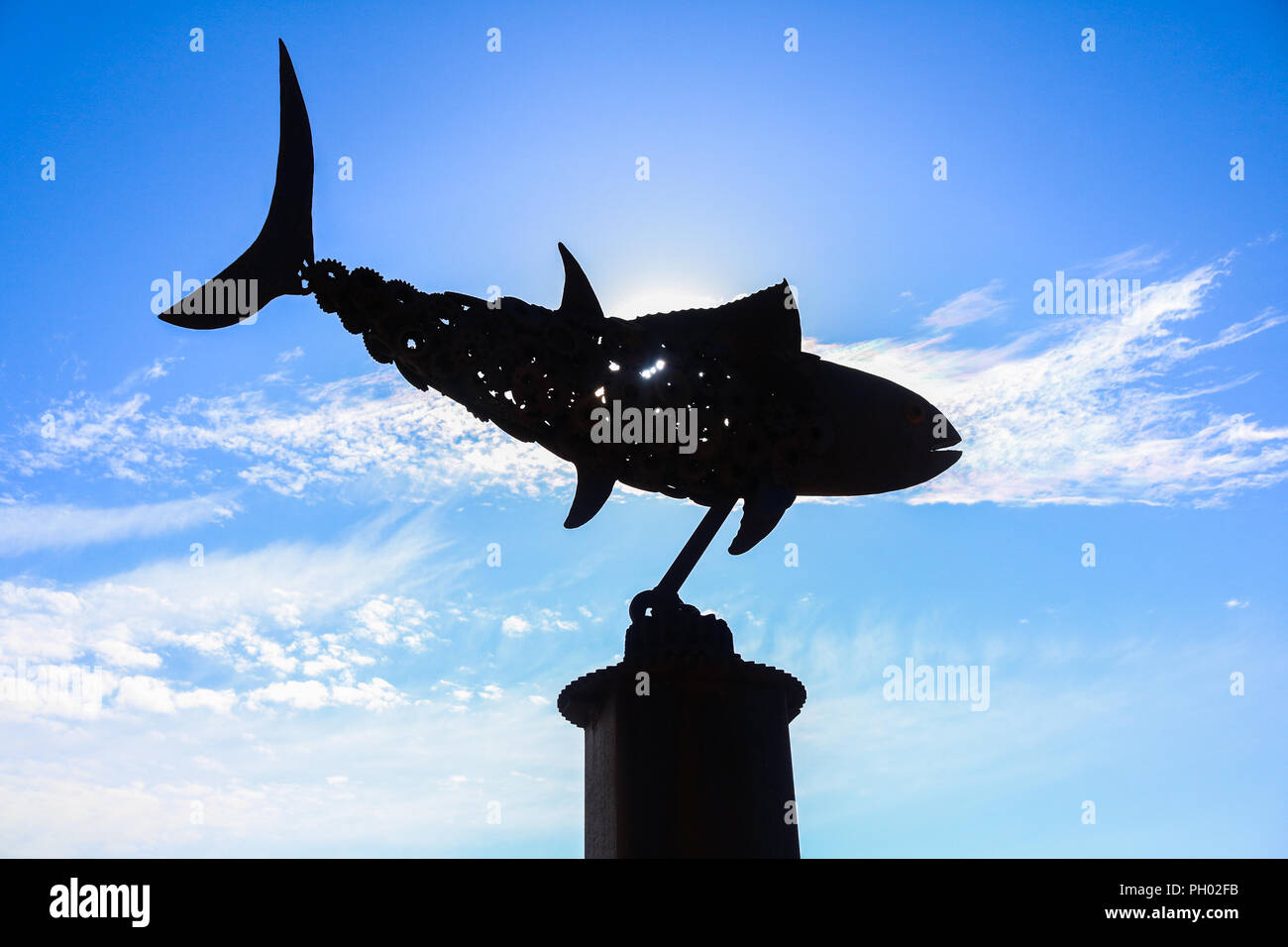 Adelaide Australia. 29 August 2018. A silhouetted fish sculpture "Tuna ...