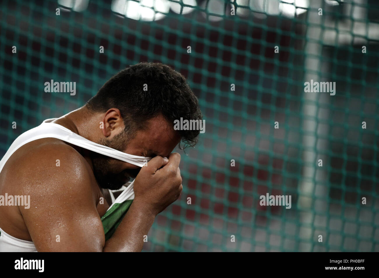 Jakarta. 29th Aug, 2018. Ehsan Hadadi of Iran reacts after men's discus ...