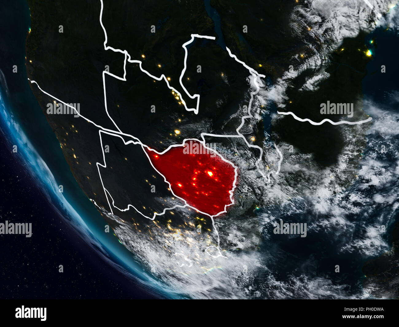 Zimbabwe at night from space with visible country borders. 3D ...