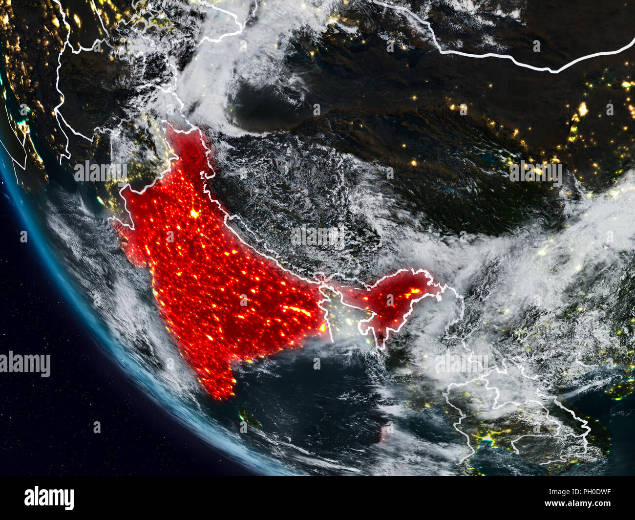 India at night from space with visible country borders. 3D illustration ...