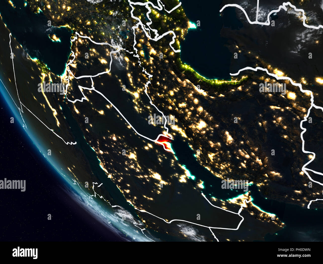 Kuwait at night from space with visible country borders. 3D ...