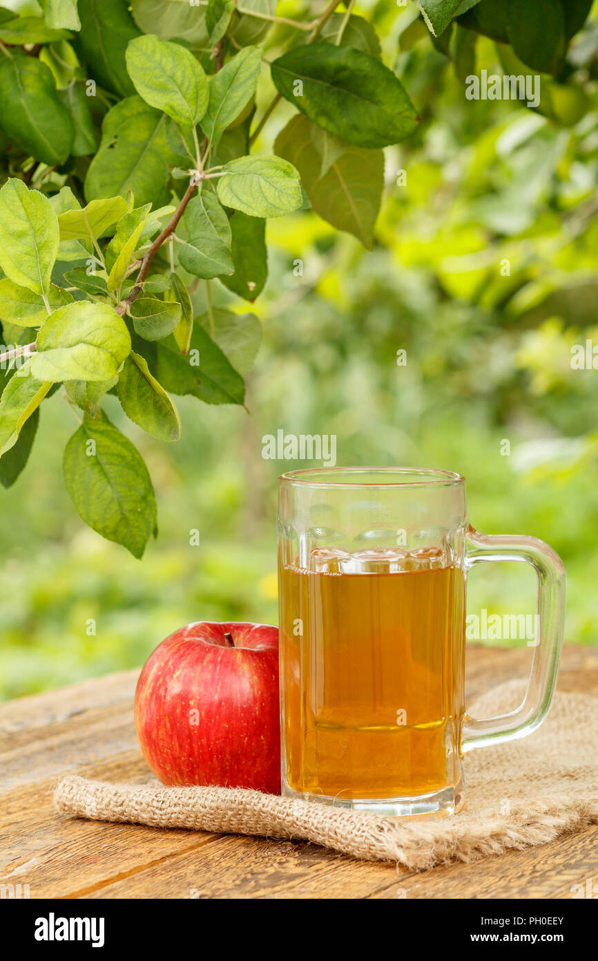 Natural apple cider in glass goblet and fresh red apple on wooden ...