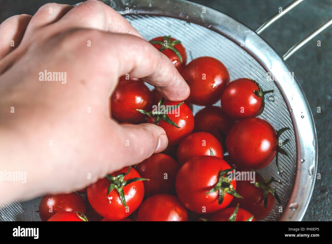 hand selects and shows whole fresh cherry tomatoes in a colander Stock ...
