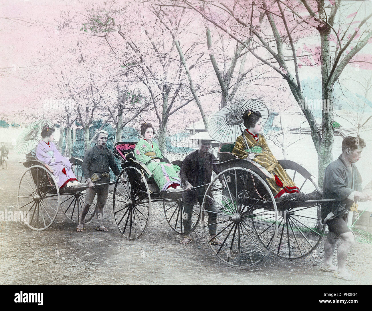[ 1890s Japan - Three Rickshaws with Women in Kimono ] — Three women in ...