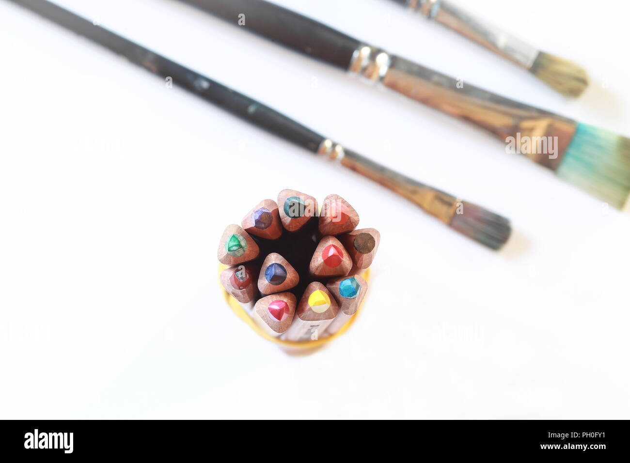 Tools for creativity, namely pencils, palette and brushes Stock Photo ...