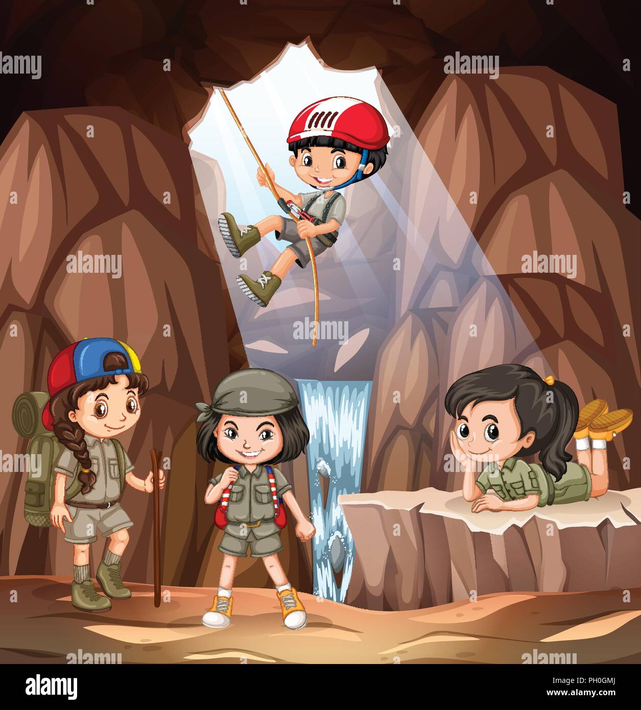 Boy and girl scout exploring the cave illustration Stock Vector Image ...