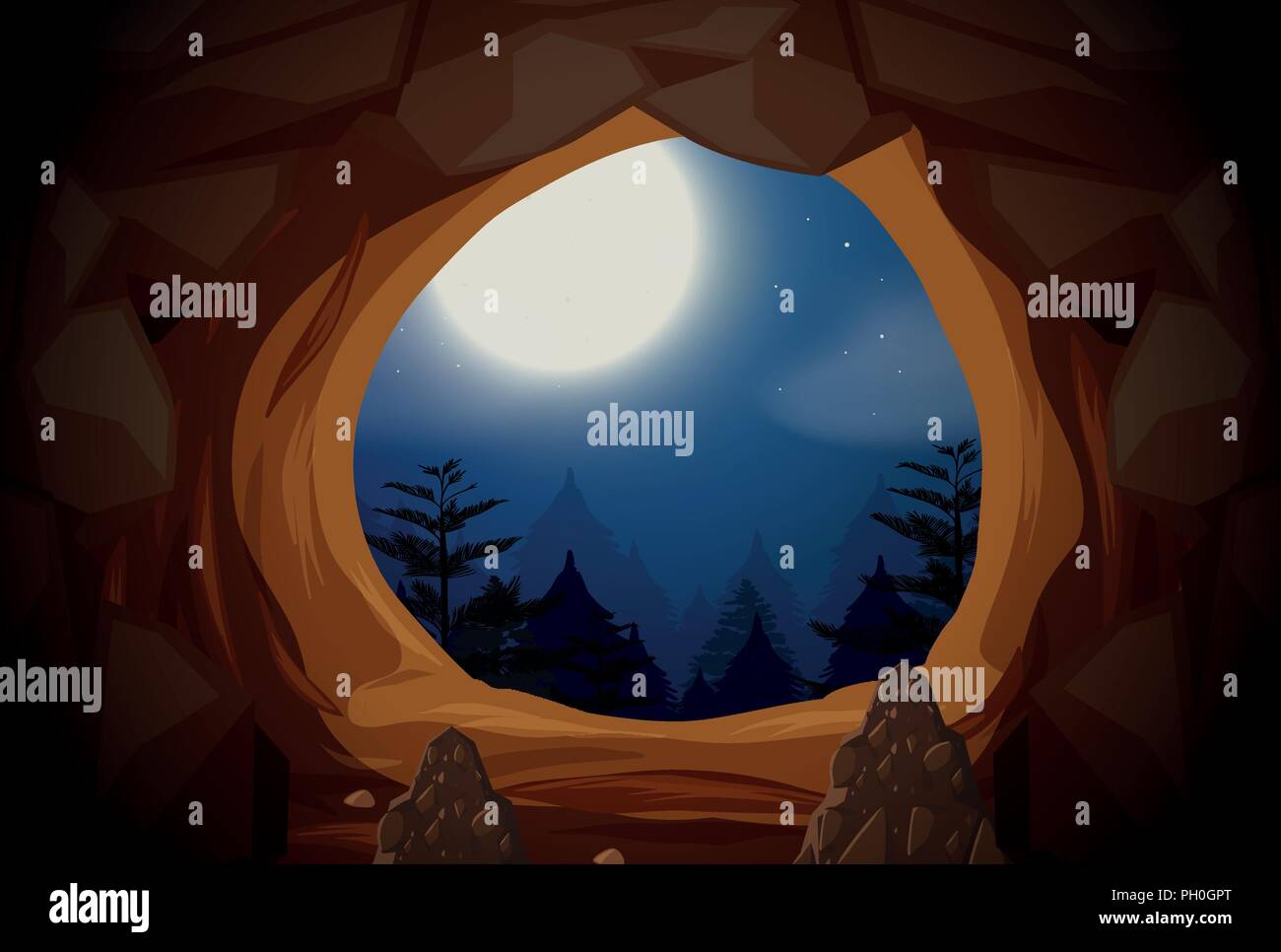 Cave entrance night scene illustration Stock Vector Image & Art - Alamy
